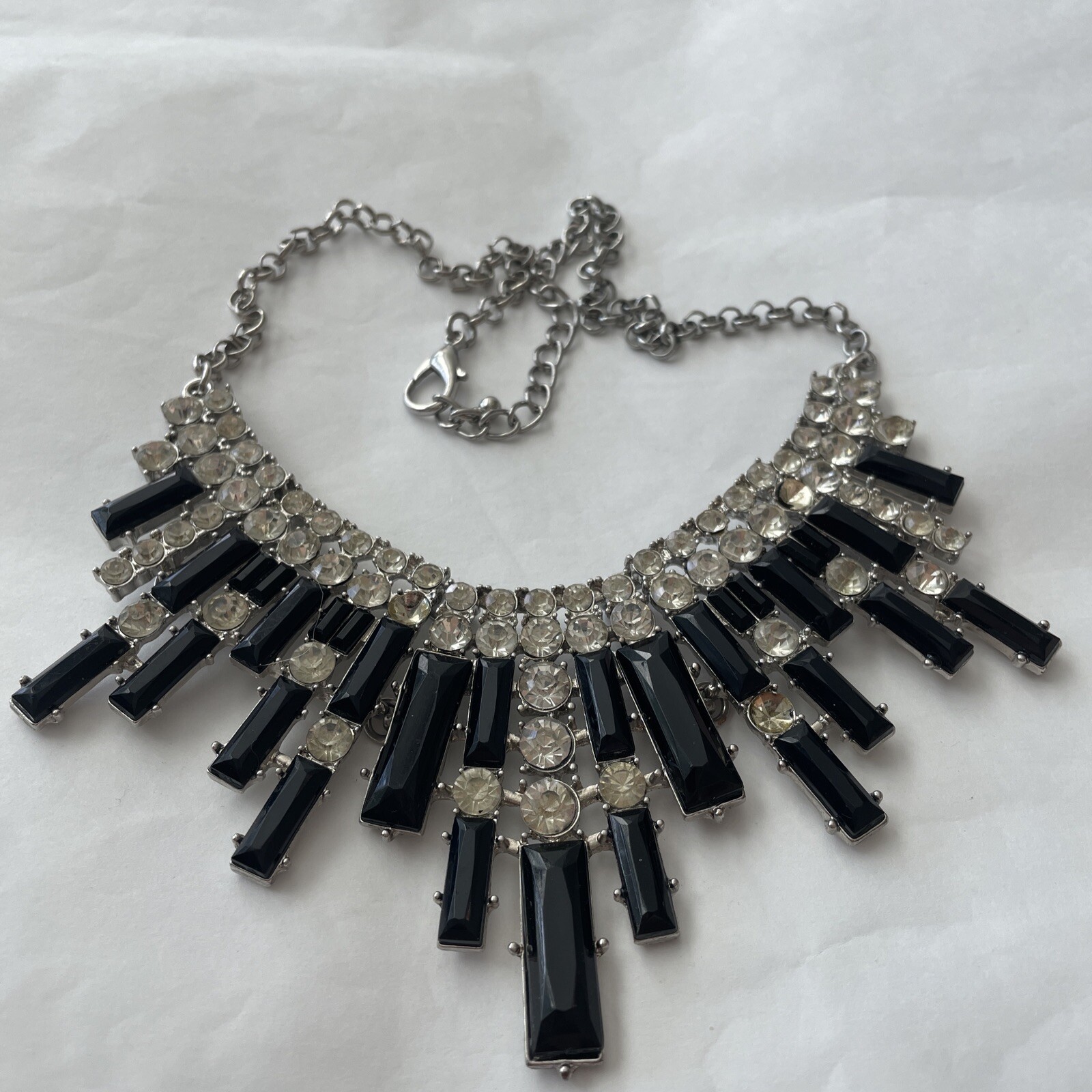 Statement Bib Necklace Black Plastic 'Stones' Rhinest… - Gem
