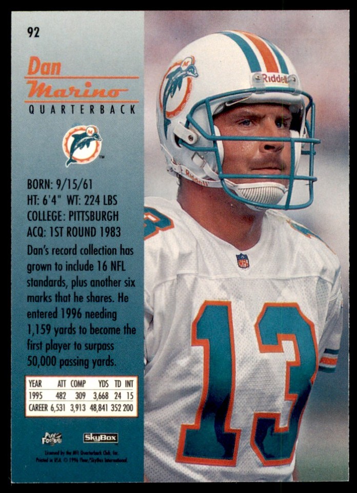 1996 Skybox Premium Dan Marino Miami Dolphins #92 | eBay