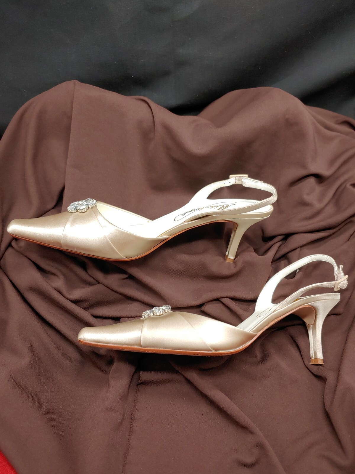 Formal Gold Satin Pumps Shoes 7 Rhinestones Strappy Square Toe Shoes ...