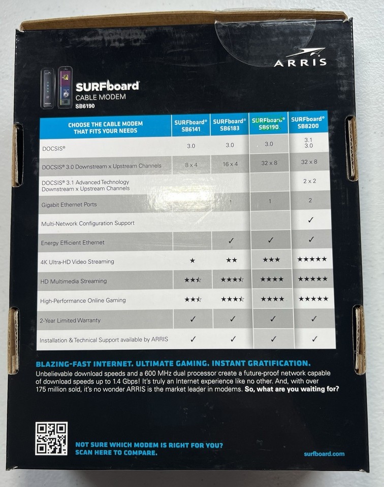 ARRIS SURFboard SB6190 32x8 DOCSIS 3.0 Cable Internet Modem Gaming ...