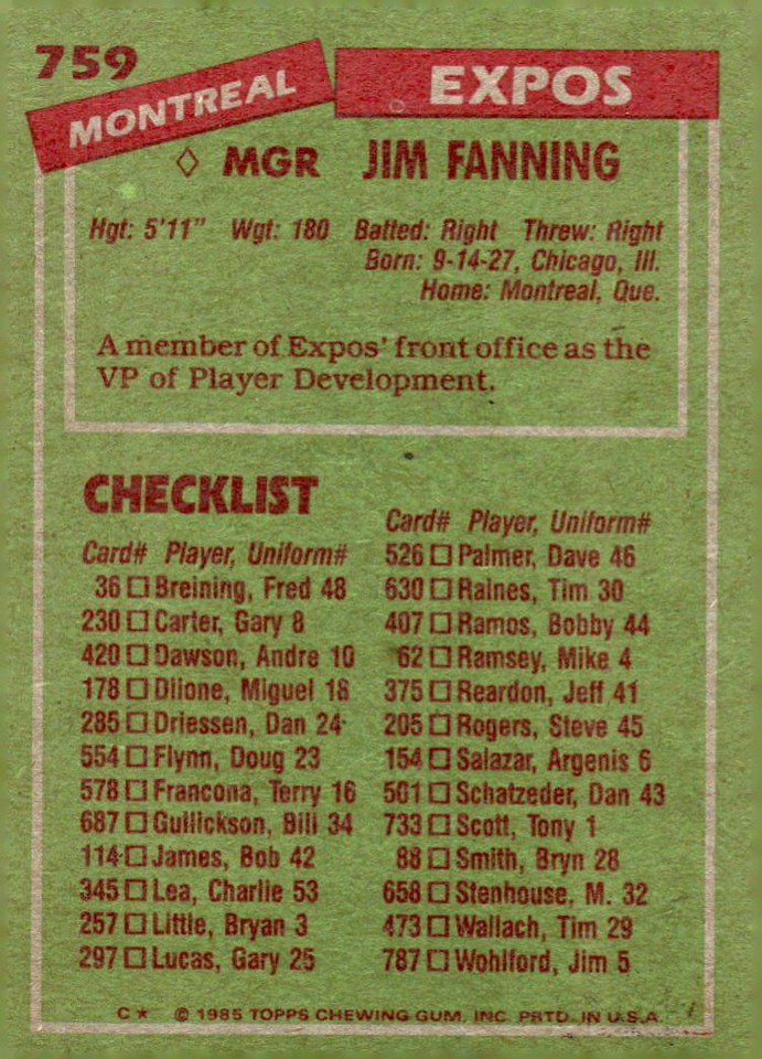 1985 Topps #759 Jim Fanning -MANAGER- Montreal Expos | eBay