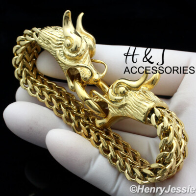 9"MEN Stainless Steel Double Dragon Heads Gold Plated Franco Box Chain ...