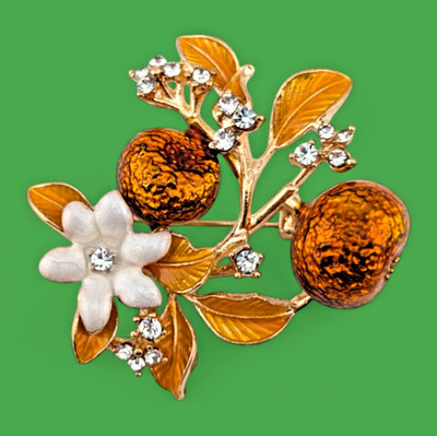 ORANGES & BLOSSOM BRANCH BROOCH retro enamel citrus fruit flower ...