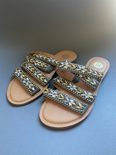 RIVER ISLAND Women’s Slider Sandals UK Size 4 Sparkly Sparkle Gold ...