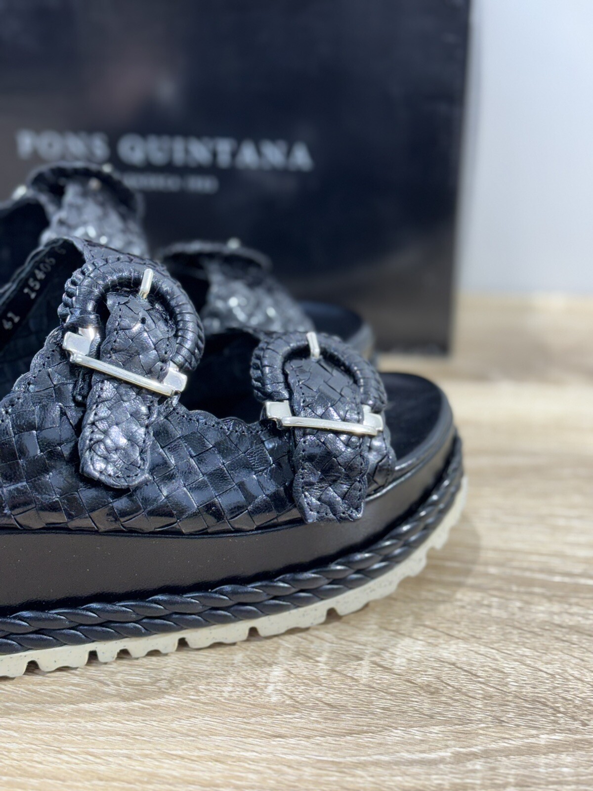 Pons Quintana Femmes Sandale Nadine Compensé Cuir Noir Fait à la Main ...