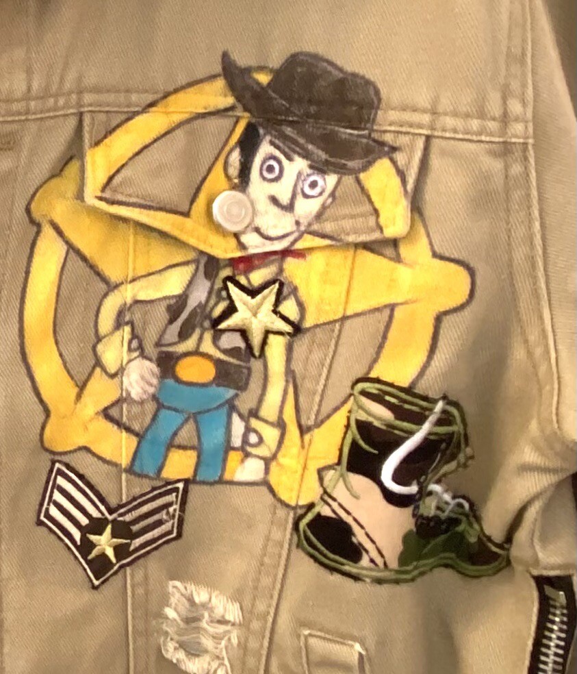 Hand Painted Toy Story BUZZ/WOODY Tan Jacket L Embro… - Gem