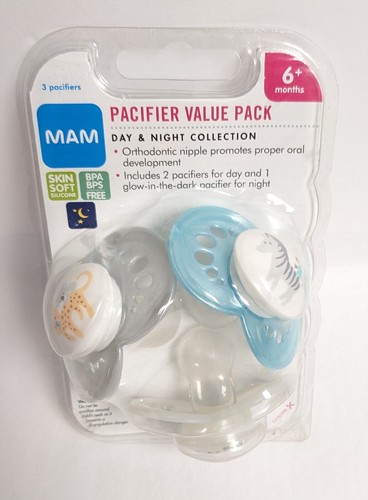 MAM Day Night Glow In Dark Collection Pacifiers 6+ Months Skin Soft 3 ...