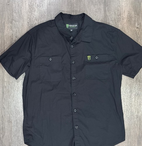 Monster Energy Button Up Black Green Mechanic Style Shirt Size XL ...