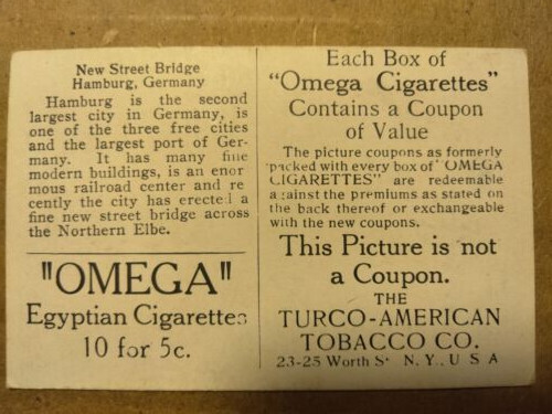 2 beautiful Omega Cigarette cards showing Ottawa Ca & Hamburg Germany ...