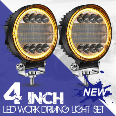 Pair 4" inch Round LED Work Lights Spot Flood Offroad Driving Fog Amber ...