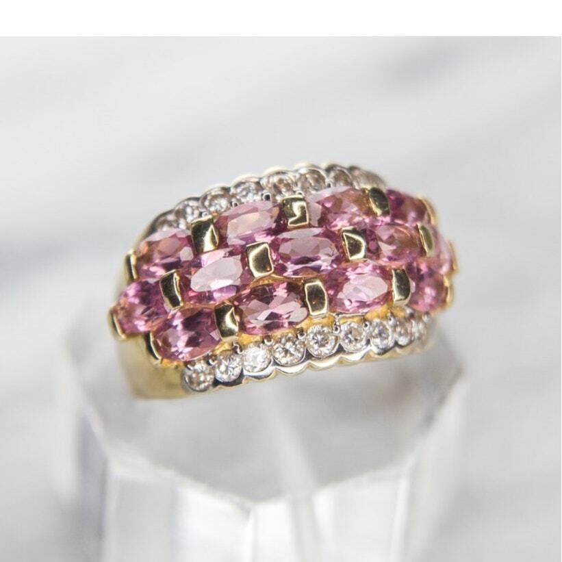 4.42TCW Vivid Pink Sapphire and Diamond Link 14KT Gold Dome Wide Band ...