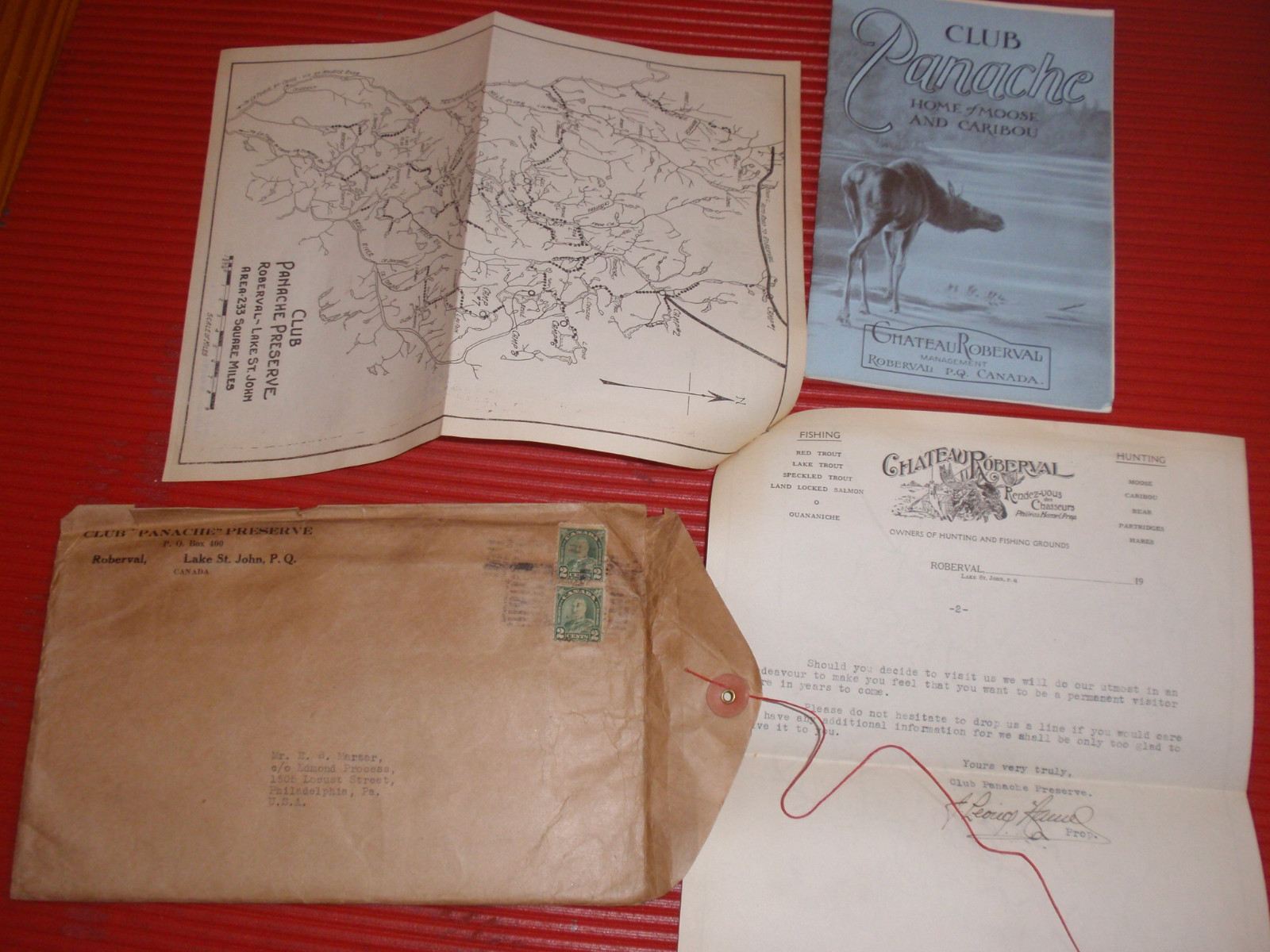 ANTIQUE HUNTING CLUB PANACHE MOOSE BOOKLET LETTER CHATEAU ROBERVAL P.Q ...