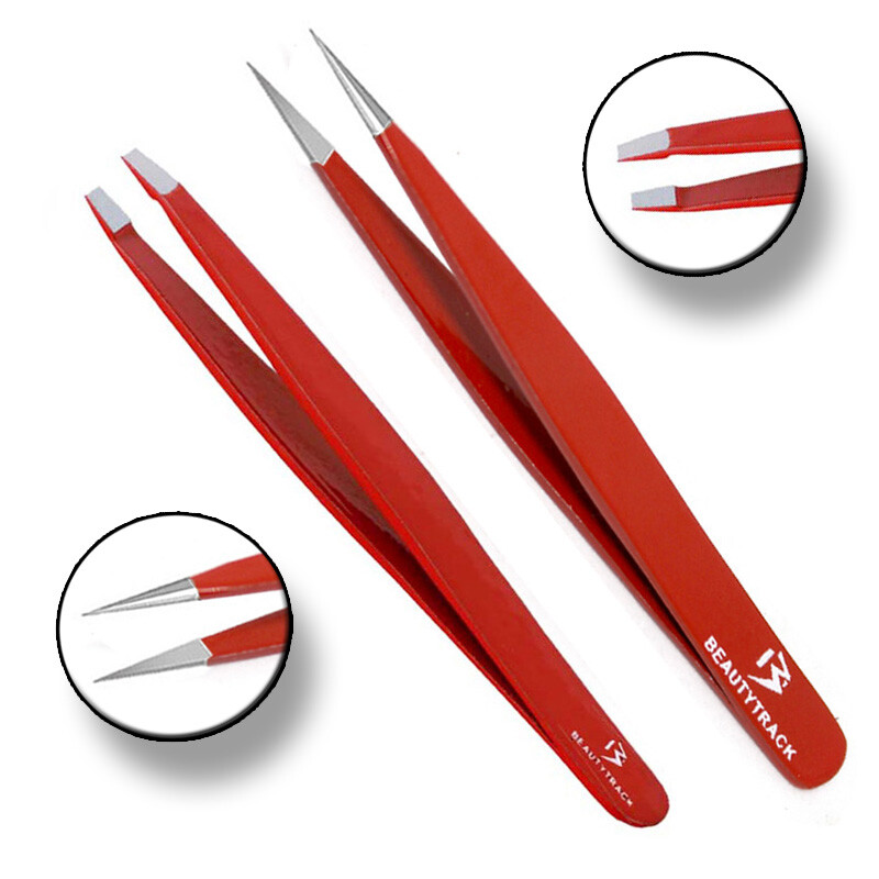 Professional Red Eyebrow Tweezers Set / Hair Beauty Slanted Pointed Tip ...