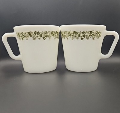 Set of 2 Vintage Pyrex White Glass FLORAL OLIVE Coffee Mugs Cups D ...