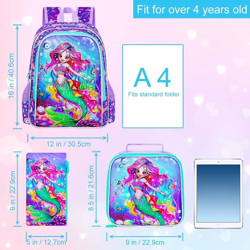 3PCS Girls Mermaid Backpack, Water Resistant Kids Bookbag Set with ...
