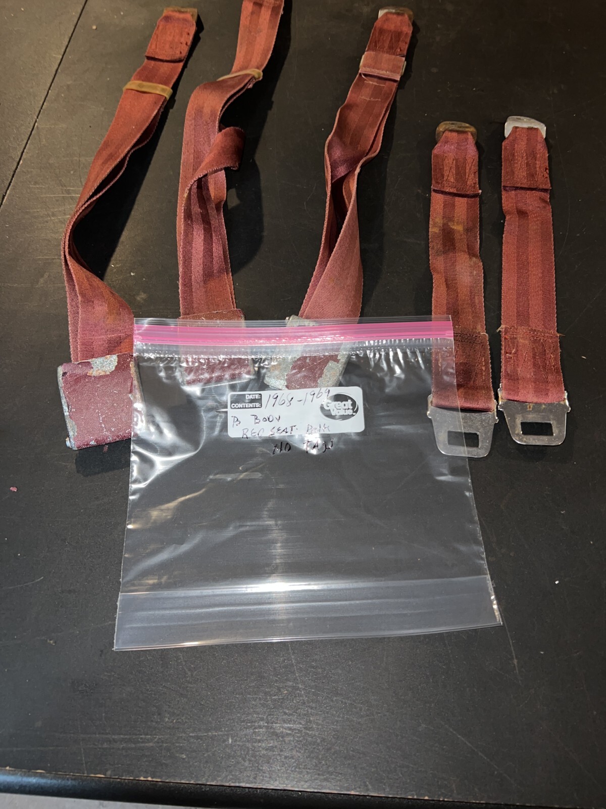 Lot of 5 Dark Red Seat Belts 1968 - 1969 Mopar B Body 69 Charger GTX ...