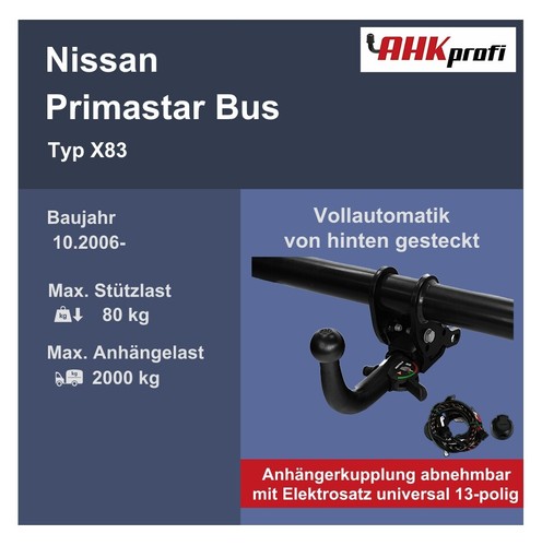 abnehmbar AHK Westfalia +ES 13 uni. für Nissan Primastar Bus X83 BJ 10. ...