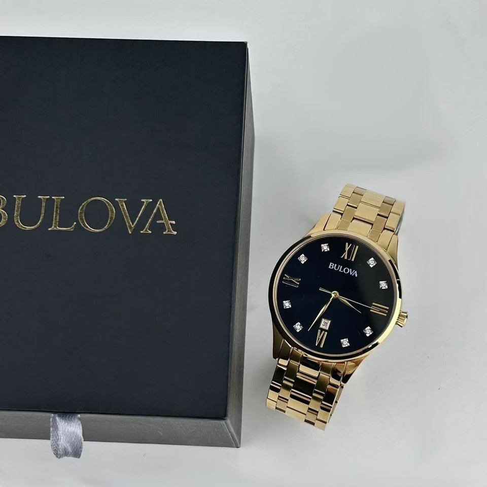 Bulova 97D108 Diamond Black Dial Gold Bracelet Classic Men's Quartz ...
