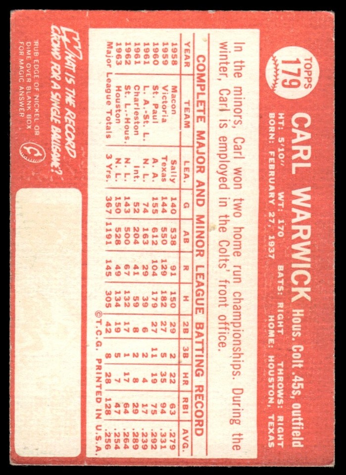 1964 Topps Carl Warwick ≥ Houston Colt .45s #179 | eBay