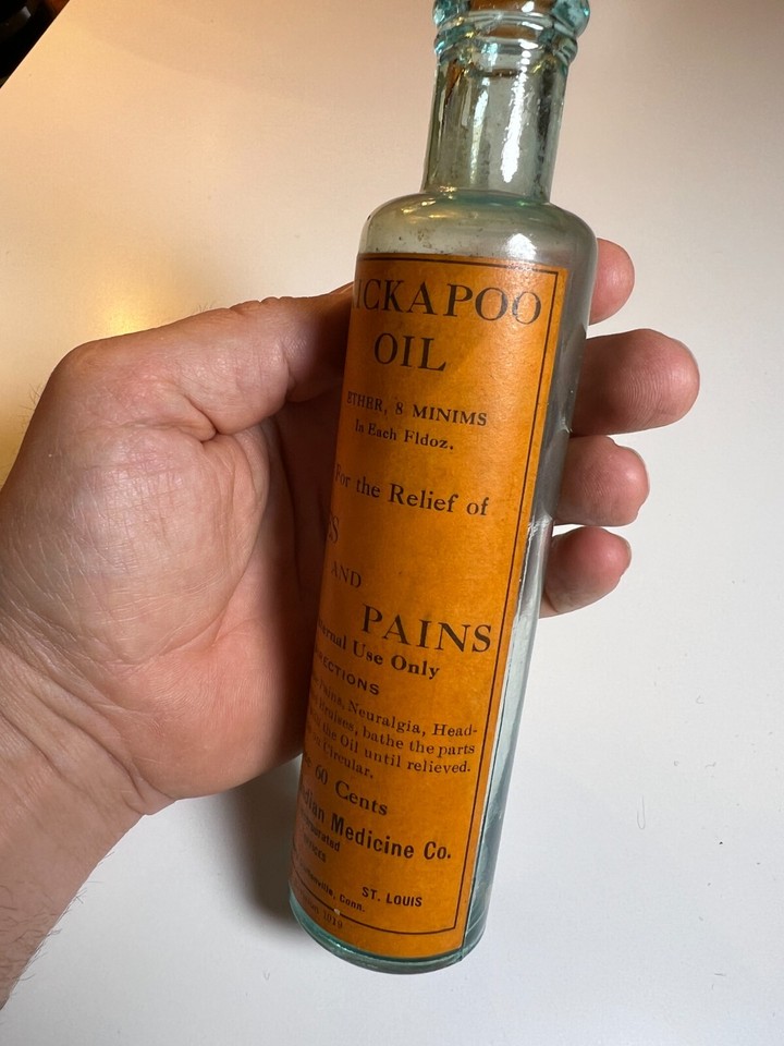 Rare 1919 Kickapoo Oil Bottle Label Indian Medicine Co Quack Cure Ether ...
