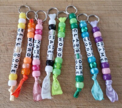 PERSONALISED HANDMADE BEADED KEYRINGS keys, school bag, gifts, any ...
