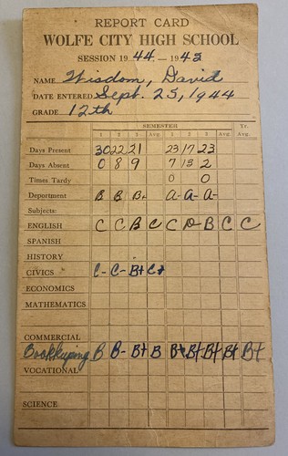 Vintage 1944 Wolfe City High School Report Card Texas Tx | eBay