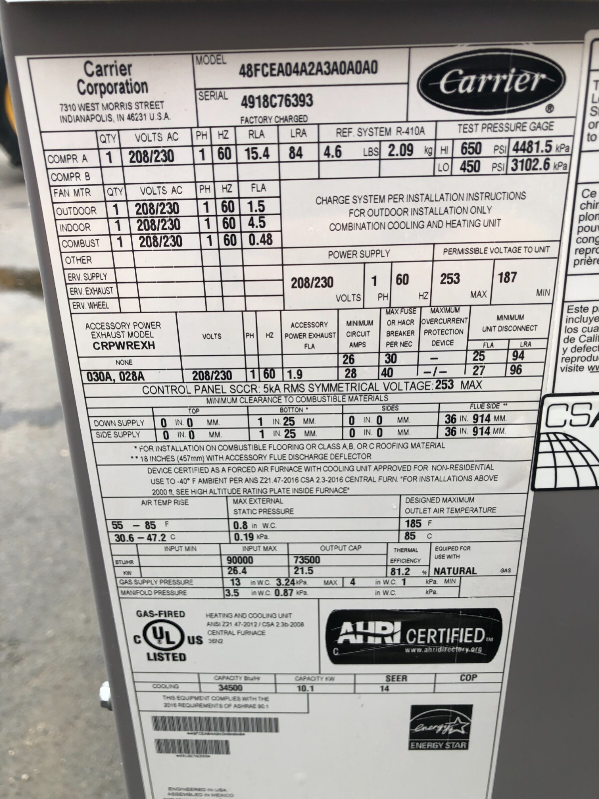 Carrier 3 Ton HVAC 48FCEA04A2A3A0A0A0 (Heat & Cooling) 208/230-1 | eBay