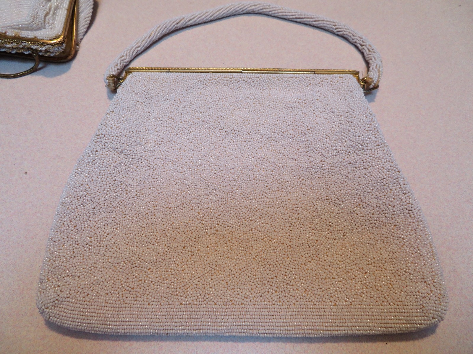 2 Vintage Bugle Beaded White Evening Bags - Gem