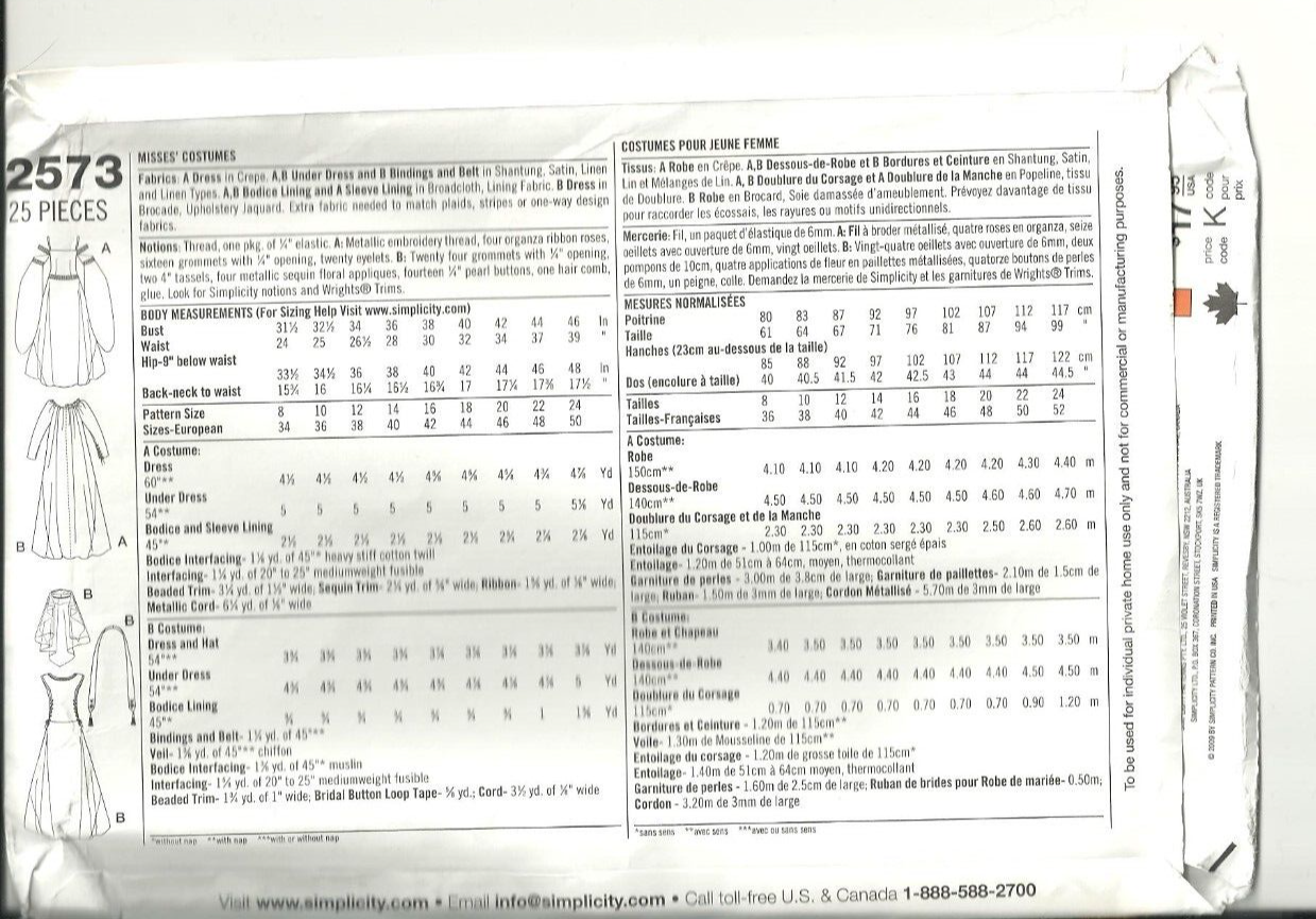 Simplicity 2573 Renaissance Gown, Historical Costume Sz 8 10 12 16 ...