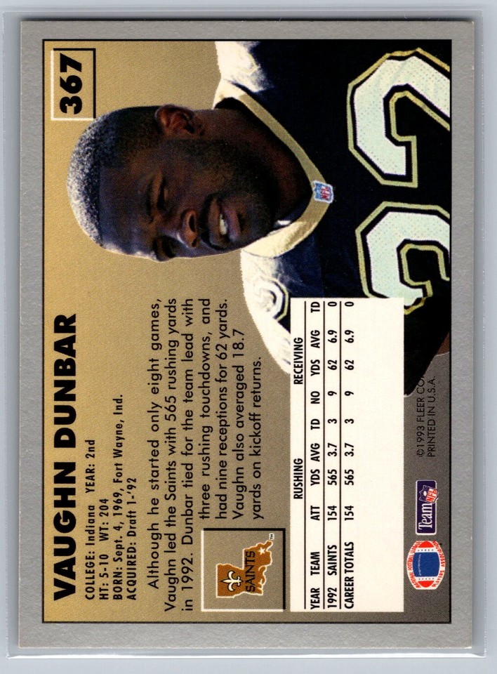 1993 Fleer Football #367 Vaughn Dunbar New Orleans Saints | eBay
