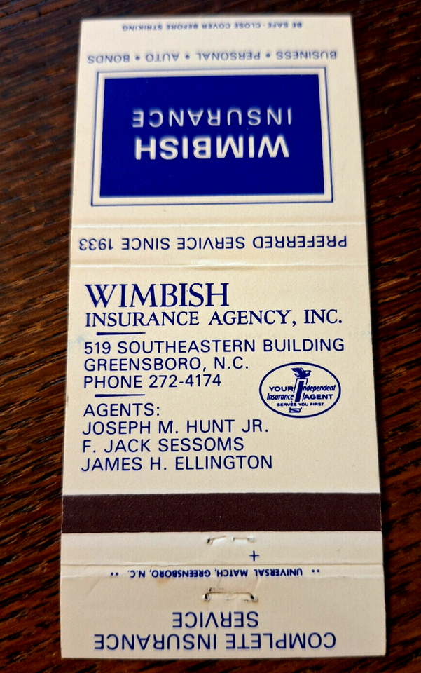 Vintage Matchbook: Wimbish Insurance, Greensboro, NC | eBay