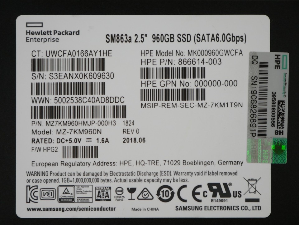 HPE 866614-003 MZ-7KM960N SM863a 960GB 6Gbps SATA 2.5" Solid State ...
