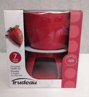 Trudeau 7-Piece Fondue Set Red Stoneware Bowl & Base w/ Forks ...