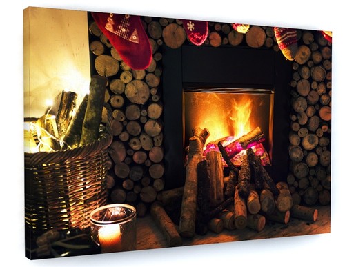 CHRISTMAS LOG FIRE SCENE FESTIVE CANVAS PICTURE PRINT WALL ART C22 ...
