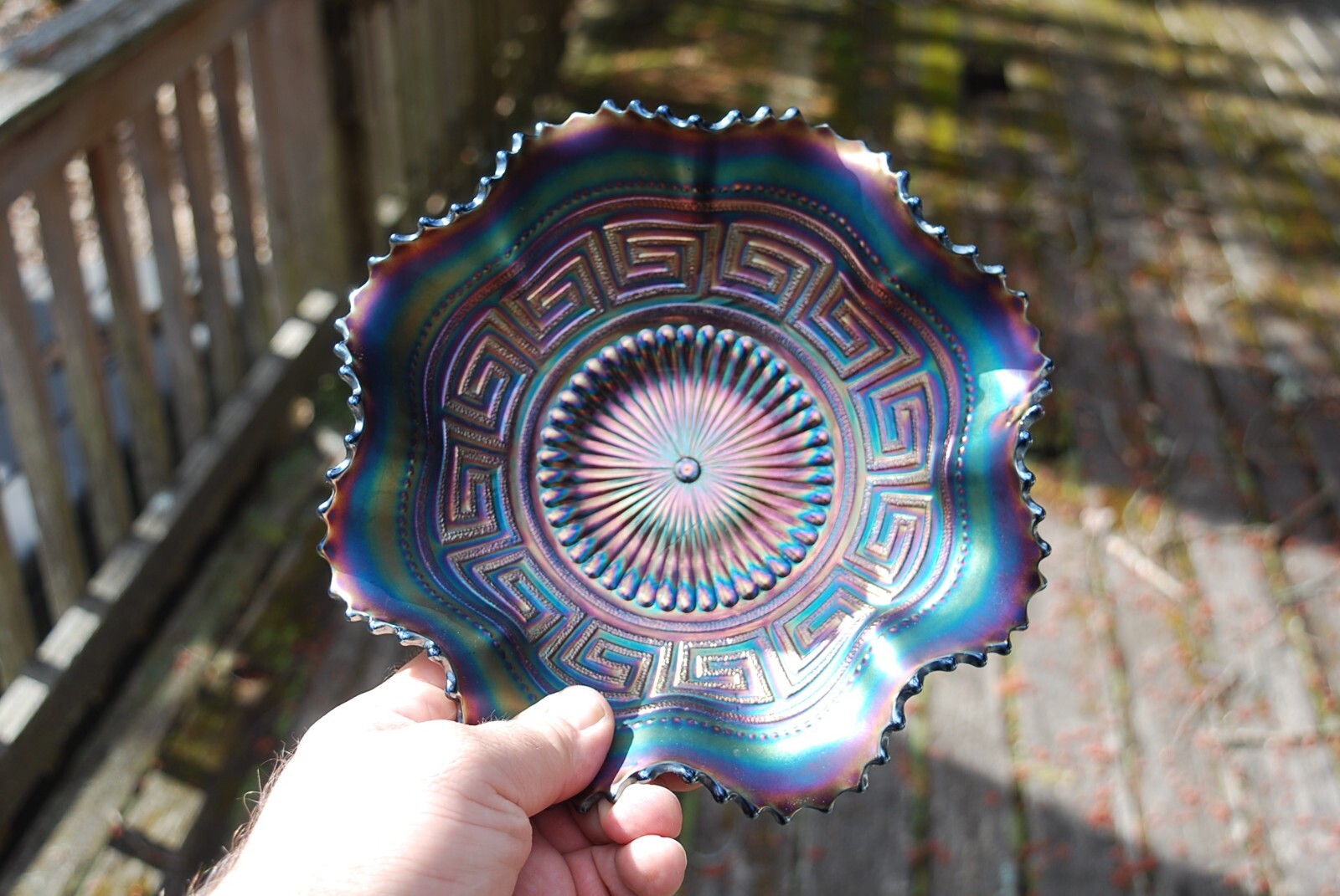 BEAUTIFUL NORTHWOOD AMETHYST CARNIVAL GLASS GREEK KEY RUFFLED BOWL ...