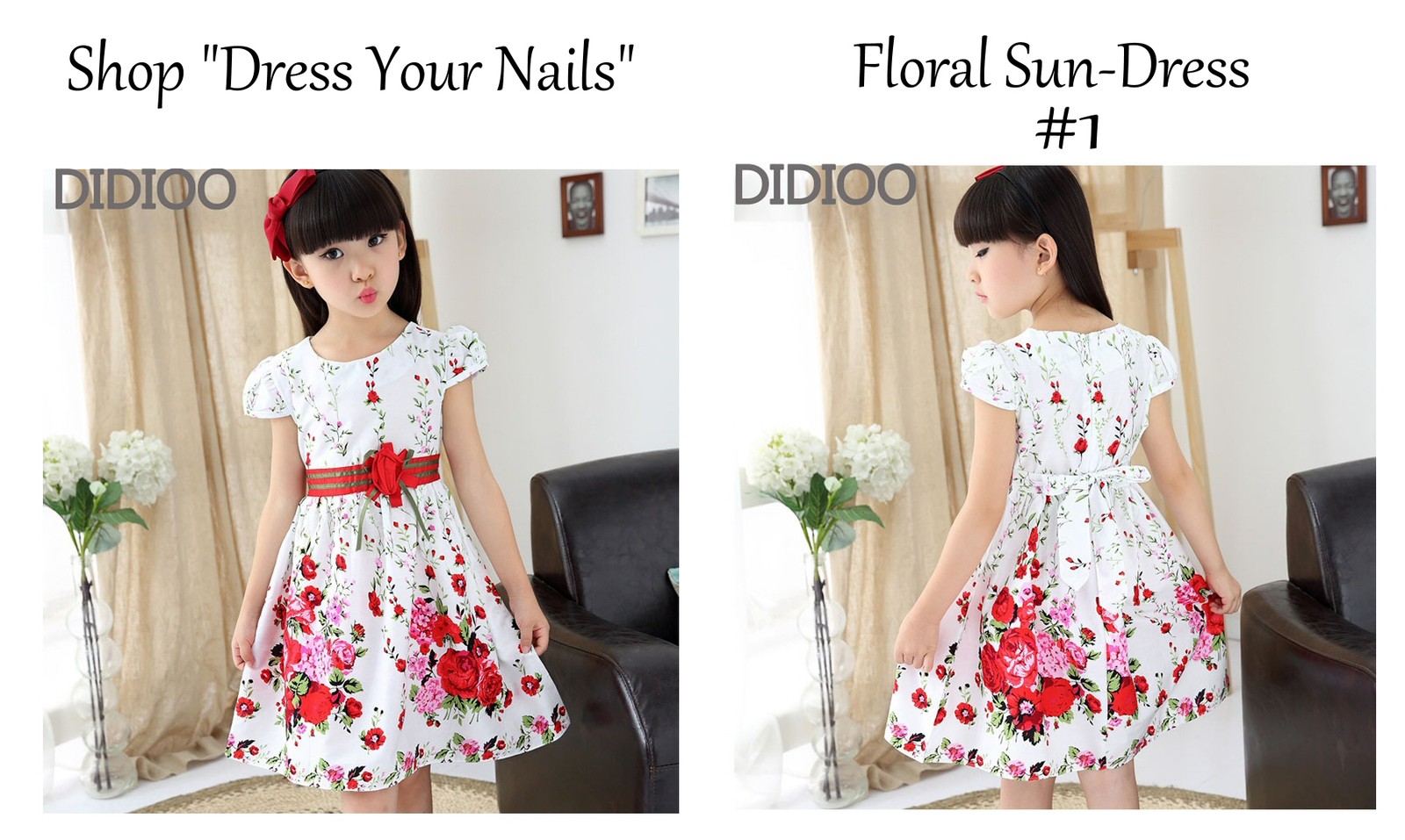 Girls Summer Party Dress Casual sundress White + Red Pink Flowers ...