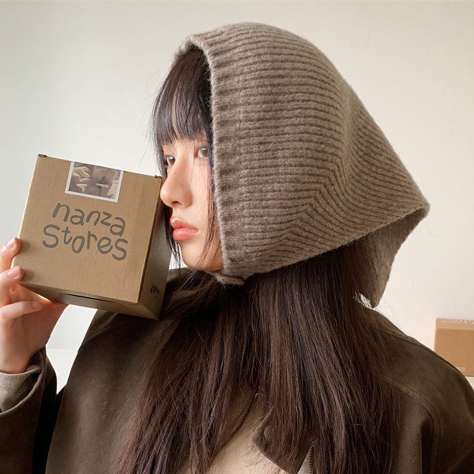 Women Button Triangular Hair Scarf Ear Protector Knit Hat Solid Color ...