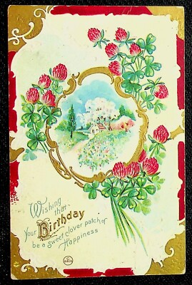 Postcard Embossed Birthday Wish Happiness, Clover, Red Buds, House, DB ...