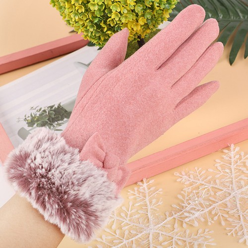 Five Finger Gloves Warm Stylish Faux Fur Bow Decor Ladies for Touch ...