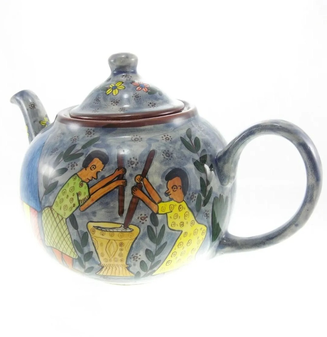 Zimbabwe Africa Vintage 1999 Hand-Painted Teapot African Village Folk ...