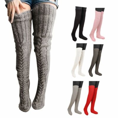 2 Pairs Women Long Socks Warm Over Knee High Wool Knitted Thick ...