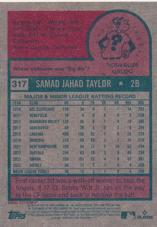 #317 SAMAD TAYLOR 2024 Topps Heritage Baseball RC KANSAS CITY ROYALS | eBay