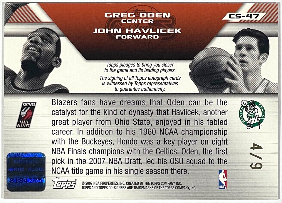2007-08 Topps Co-Signers Gold Greg Oden/John Havlicek Dual Auto RC #CS ...