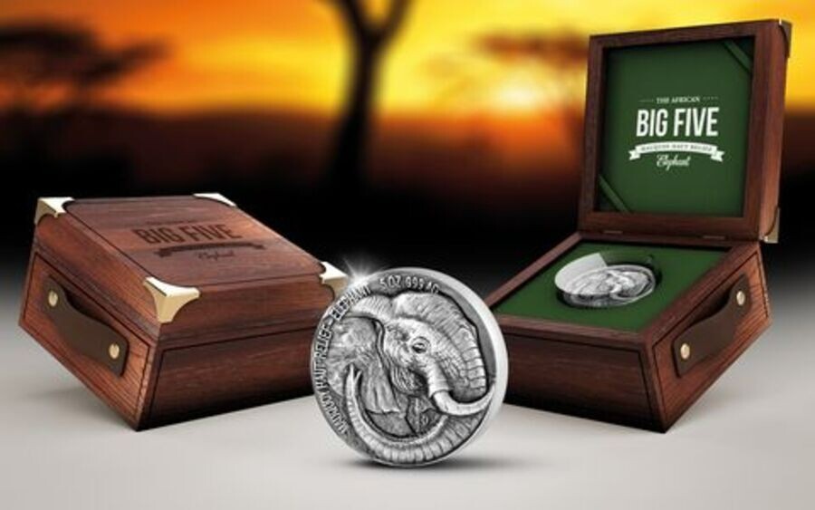 ELEPHANT Big Five Mauquoy 5 Oz Silver Coin 5000 Francs Ivory Coast 2017 ...