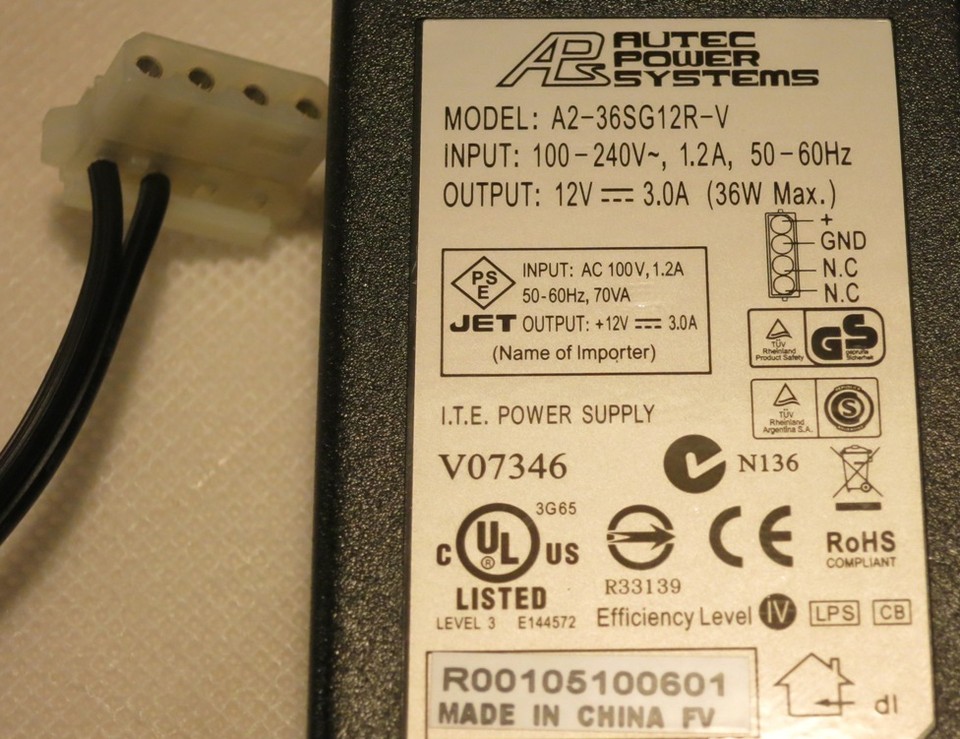 Autec 12V 36W 3A AMP Molex AC DC Switch Power Adapter A2-36SG12R-V ...