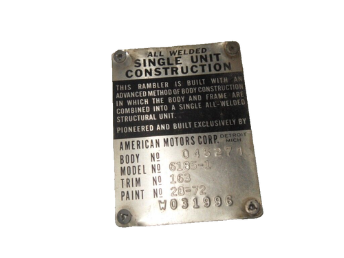 1961 AMC Rambler Ambassador - Model ID Plate | eBay