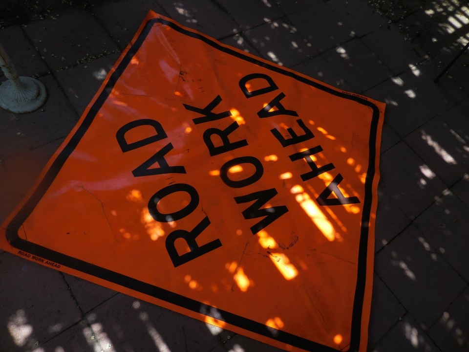 Vintage Authentic Large Vinyl Street Sign, ROAD WORK AHEAD measures 68 ...