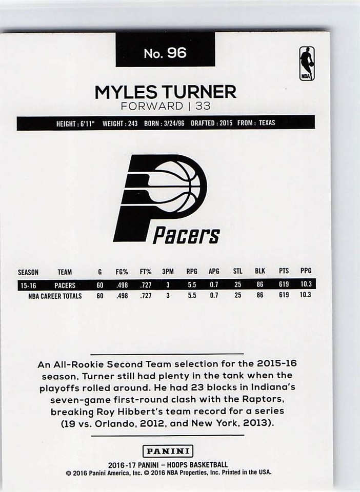 2016-17 Hoops #96 Myles Turner Indiana Pacers | eBay