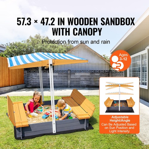 Wooden Sandbox with Canopy Sand Box Sand Pit Outdoor Backyard Ages 3-12 ...