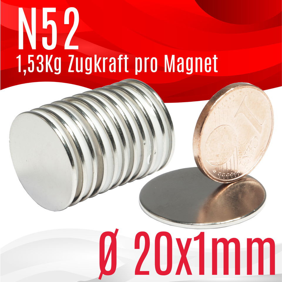 Neodym Magnete N52 Magnet Scheiben 20mm Rund Scheibenmagnet super Stark ...